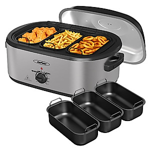 Sunvivi Electric Roaster Oven, 24 QT Roaster with Removable 3-bin Buffet Server, Turkey Roaster Oven with 150-450°F Full-Range Temperature Control, Removable Pan & Rack, Stainless Steel, Silver