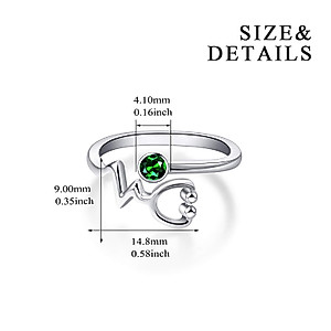AOBOCO Sterling Silver Heartbeat EKG Stethoscope Ring Embellished with Simulated Emerald Crystal from Austria, Stethoscope Jewelry for Medical Student Graduation RN Gifts for Nurse Female(Green)