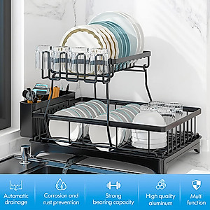 HHXRISE Dish Drying Rack, 2 Tier Large Dish Rack and Drainboard Set for Kitchen Counter, Dish Rack with Extra Drying Mat,Stainless Steel Dish Dryer with Detachable Cup Rack and Utensil Holder (Black)