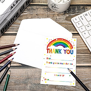 72 Pieces Kids Thank You Cards Fill in the Blank Thank You Notes with Envelopes Colorful Thanks Cards for Birthday Party(Rainbow Style)