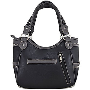 Western Style Rhinestone Cross Tote Concealed Carry Purse Laser Cut Handbag Women Shoulder Bag Wallet Set (Black/Fuchsia Set)