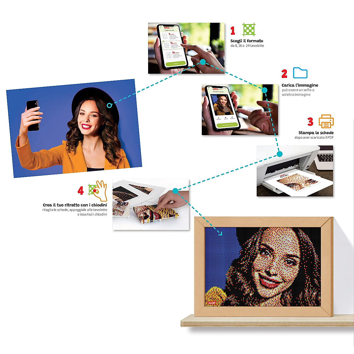 Quercetti Pixel Art 8 Take a Selfie Mosaic Kit - Turn Any Photo into Mosaic Art with 9600 Pegs in 6 Colors and 8 Pegboards, with Frame for Hanging and Display, Ages 9 Years and Up