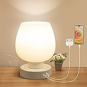 Touch Bedside Table Lamp - Small Lamp for Bedroom with USB C+A Charging Ports 3 Way Dimmable, Nightstand Desk lamp with White Opal Glass Lamp Shade Warm LED Bulb Included, Simple Design Gifts