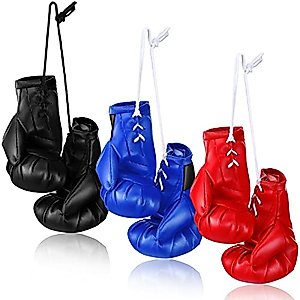 3 Pairs Mini Boxing Gloves for Car Mirror Holiday Christmas Ornament Punching Gloves Miniature Boxing Accessories Boxing Party Favors Hanging Boxing Gloves for Home Car Bag Decor (Black, Red, Blue)