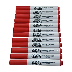 School Smart Washable Art Markers, Conical Tip, Red, Pack of 12