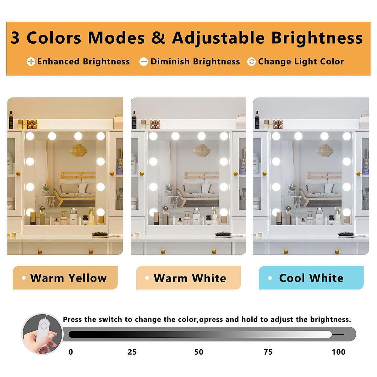 Wodeer Vanity Desk with Lighted Mirror & Power Strip,Makeup Vanity Table with RGB LED Lights & Chair,White Dressing Table Set with 7 Drawers & 2 Cabinet for Girls Women Bedroom & Dressing Room,White