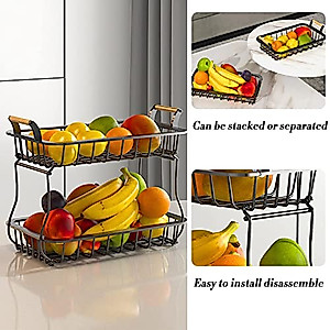 2 Tier Fruit Storage Basket Countertop for Kitchen, Bread Vegetable Farmhouse Fruit Basket Bowl Stand Detachable Metal Wire Basket with Wooden Handle for Kitchen, Reception, Dining Table（Black）
