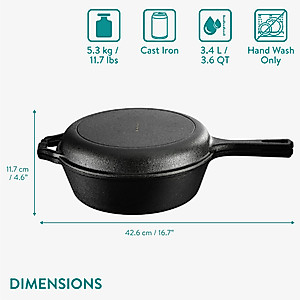 Navaris Cast Iron Casserole Dish Pot with Handle 3.6QT / 10.4" (3.4L / 26.4cm) - Dutch Oven for Bread Making - Pre-Seasoned Cast Iron Pot with Frying Pan Lid