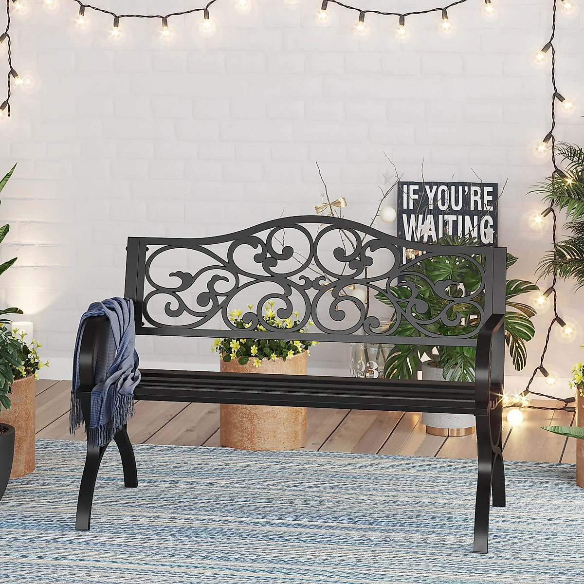 PHI VILLA 50-Inch Cast Iron Steel Frame Garden Bench Outdoor Patio Bench Chair w/Floral Design Backrest, Slatted Seat for Park, Yard & Porch, Black