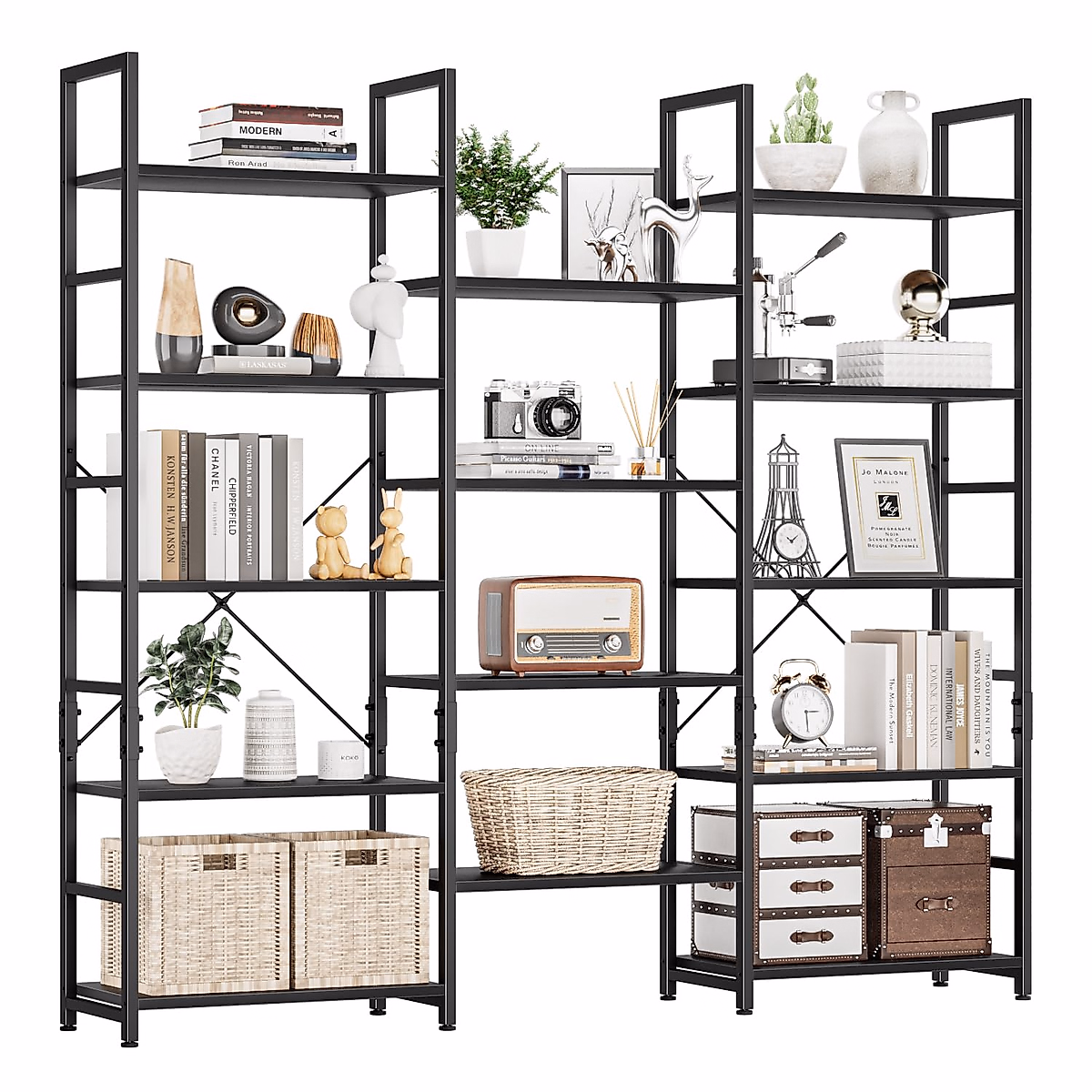NUMENN Triple Wide 5 Tier Bookshelf, Rustic Industrial Style Bookcases and Bookshelves with 14 Open Display Shelves, Modern Tall Bookcase Furniture for Bedroom, Living Room and Home Office, Black