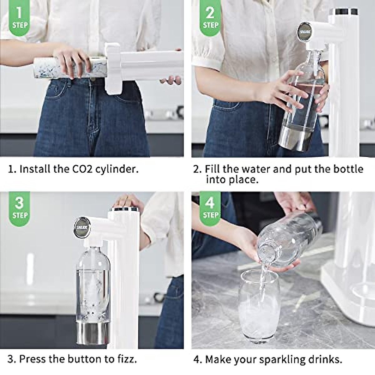 SNLIDE Soda Maker, Soda Water Machine with 1L Pet Bottle & DIY Stickers, Easy to Operate, Home Use Sparkling Water Maker with Aluminim Cylinder with 60L CO2