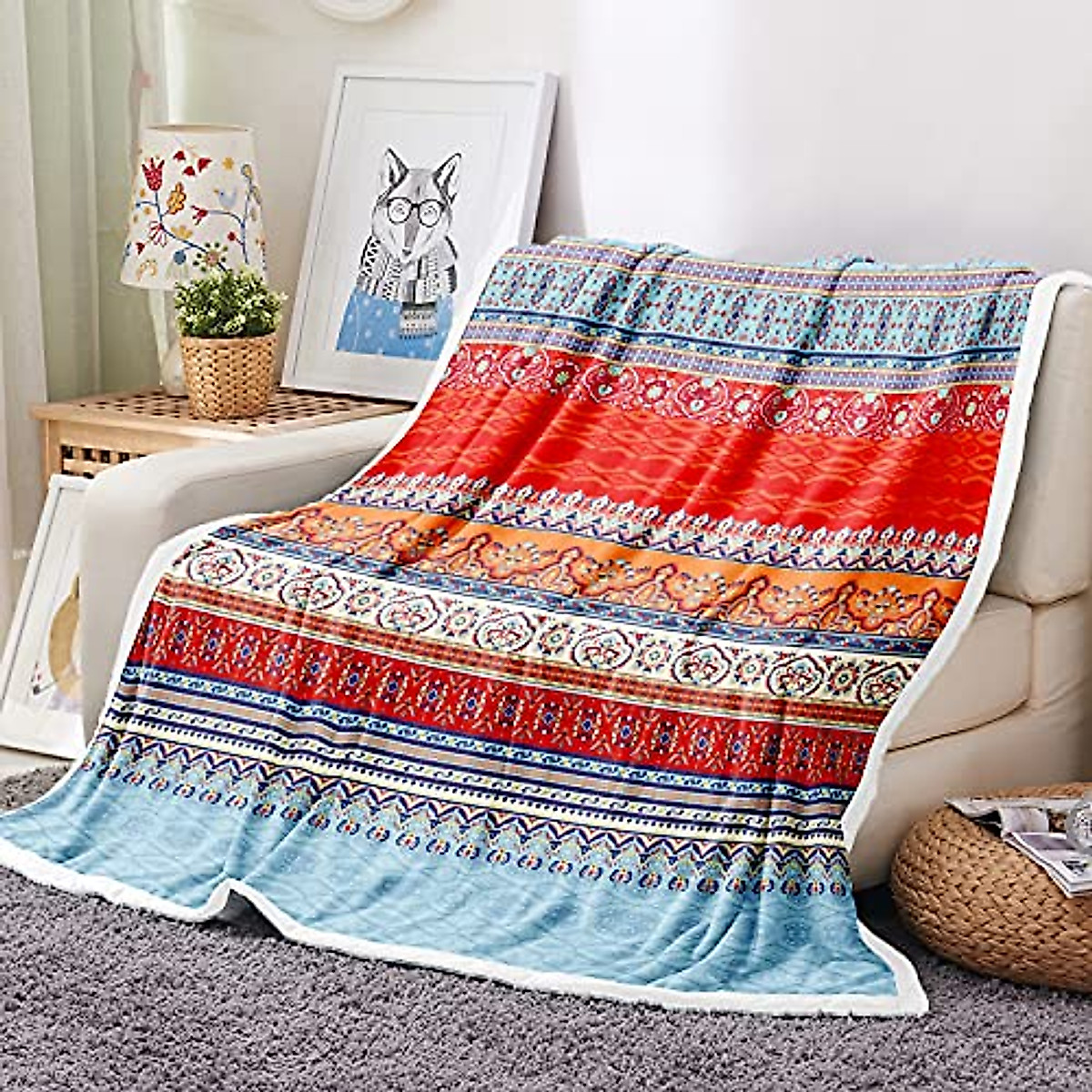 Colorful Stripe Boho Mandala Blanket for All Seasons Bohemia Microfiber Fleece Throw Blanket Soft Lightweight Bedding for Bed Sofa Couch 50"×60"