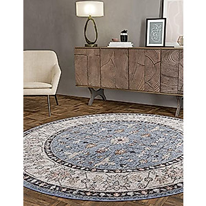 Rugs.com Eco Traditional Collection Rug – 7 Ft Round Harbor Blue Medium Rug Perfect for Kitchens, Dining Rooms