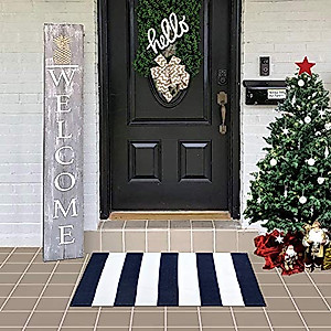 USTIDE Striped Outdoor Rug 2x3 Cotton Navy Blue and White Striped Rugs Washable Hand Woven Outdoor Doormat Layered Doormats for Porch Kitchen Farmhouse