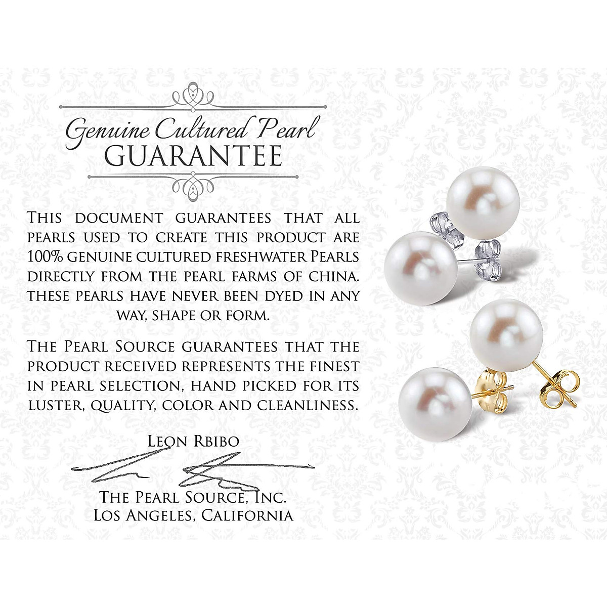 THE PEARL SOURCE 14K Gold 8-9mm Round White Freshwater Cultured Pearl Stud Earrings for Women