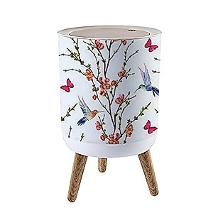 Small Trash Can with Lid Seamless Floral with Hand Drawn Hummingbirds Tropical Japanese Flowers Round Recycle Bin Press Top Dog Proof Wastebasket for Kitchen Bathroom Bedroom Office 7L/1.8 Gallon
