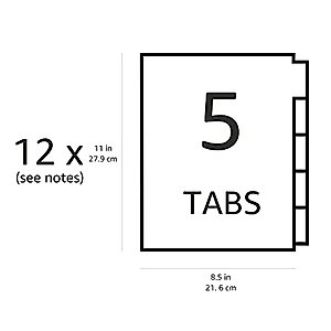 Amazon Basics 3 Ring Binder Dividers With 5 Tabs, Paper Binder Dividers, Insertable Multicolor Plastic Tabs, Pack of 12 Sets (60 Dividers Total)
