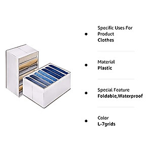 2 Pcs Wardrobe Clothes Organizer with Support Board- Foldable Mesh Closet Storage Large 7 Grids Divider Drawer Organizers Washable Compartment Box for Jeans T-shirt Pants Legging (L-7Grids), White