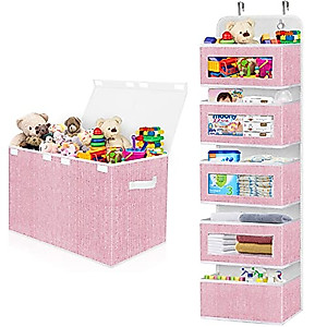 homyfort Over the Door Organizer, Hanging Baby Diaper Organizer for Nursery, Large Toy Box Chest for Girls, Kids Toy Bin Storage Organizer with Lid for Babies,Toddlers,Nursery,Playroom (Pink)