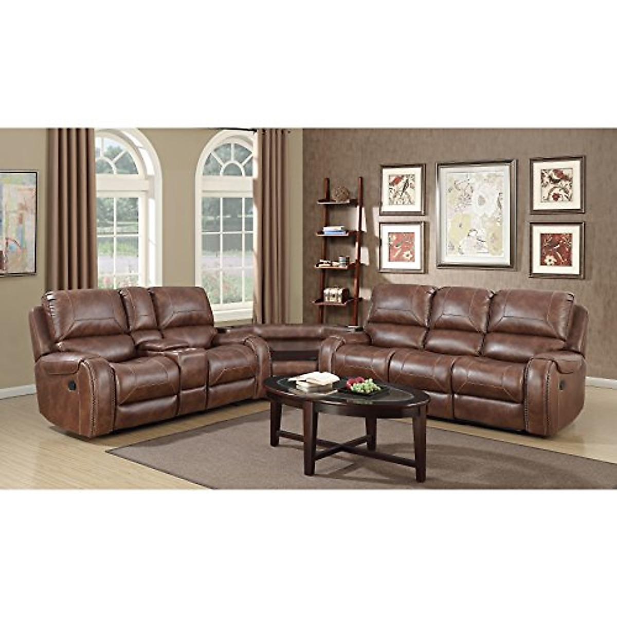 Roundhill Furniture Achern Brown Leather-Air Nailhead Manual Reclining Sofa and Loveseat with Storage Console and USB Port