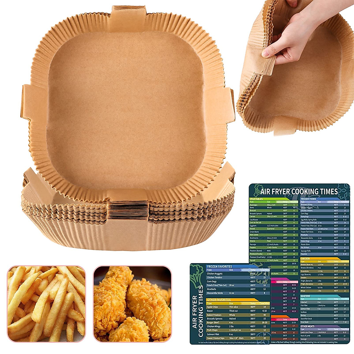 Air Fryer Disposable Paper Liner, Square Parchment Cooking Non-Stick, Baking Roasting Food Grade Paper for Air Fryer, Microwave Oven, Frying Pan, Oil-proof, Water-proof (50PCS 7.9 Inch Natural)