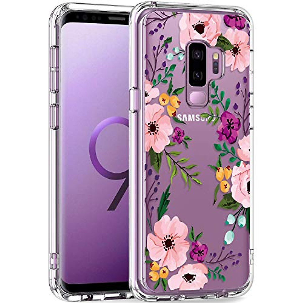 LUHOURI Samsung Galaxy S9 Plus Case Clear with Design for Girls Women,Shockproof Hard PC Cover and Soft TPU Bumper Slim Fit Protective Phone Case for Galaxy S9+ Plus 6.2 inch Purple Blossoms
