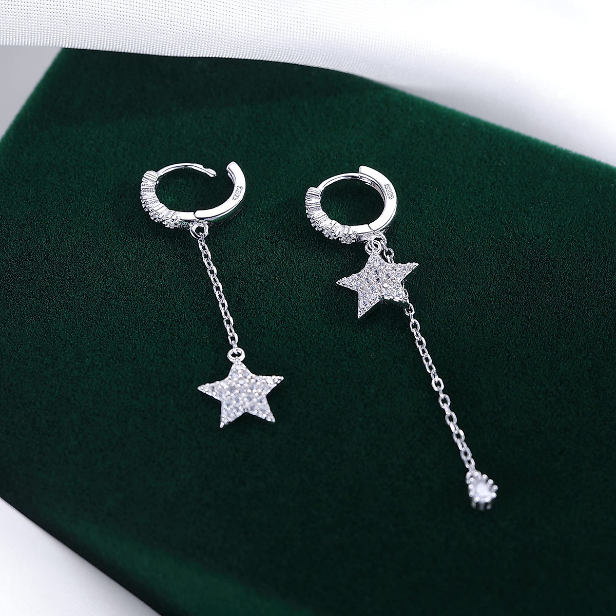 SLUYNZ 925 Sterling Silver CZ Star Dangle Hoop Earrings for Women Asymmetric Star Earrings Chain (A-Silver)
