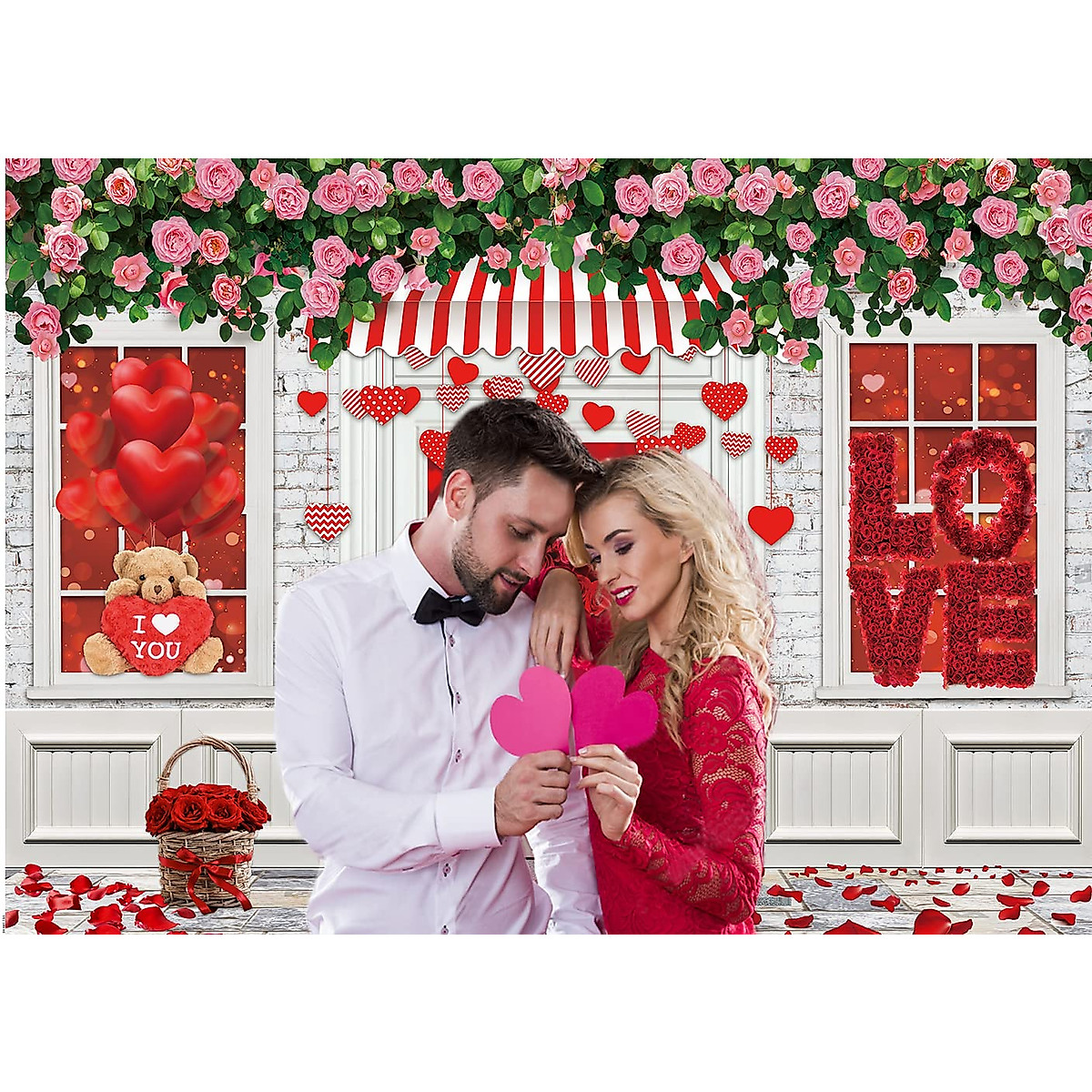 CYLYH 8X6FT Valentine's Day Backdrop Valentine's Day Store Backdrop Pink Rose Flower Brick Wall Background Love Wedding Bridal Shower Party Backdrops D807
