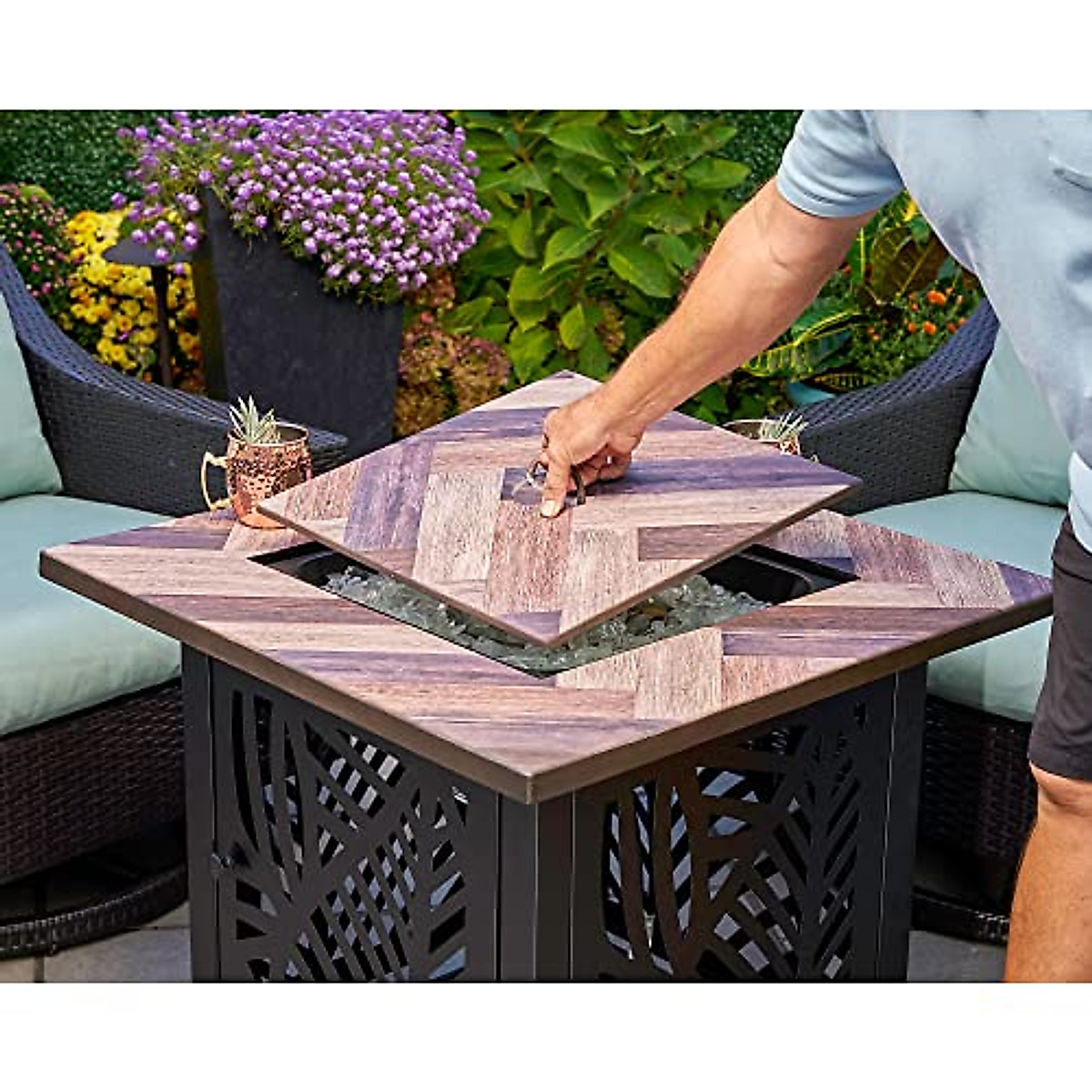 Endless Summer Darby 30 Inch Square Outdoor UV Printed 50,000 BTU LP Gas Fire Pit​ Table with Faux Wood Mantel and Stamped Steel Base