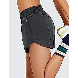 CRZ YOGA Women's High Waisted Running Shorts Mesh Liner - 3'' Dolphin Quick Dry Athletic Gym Track Workout Shorts Zip Pocket Graphite Grey Medium