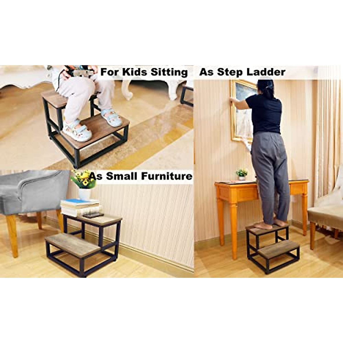 TSTWETO Step Stools for Adults, 2 Step Stool for Kids, Wooden Bed Steps for High Beds, Heavy Duty Wood Bedside Stepping Stool for Kitchen Bathroom, Hold Up to 550 Lbs Capacity-Brown