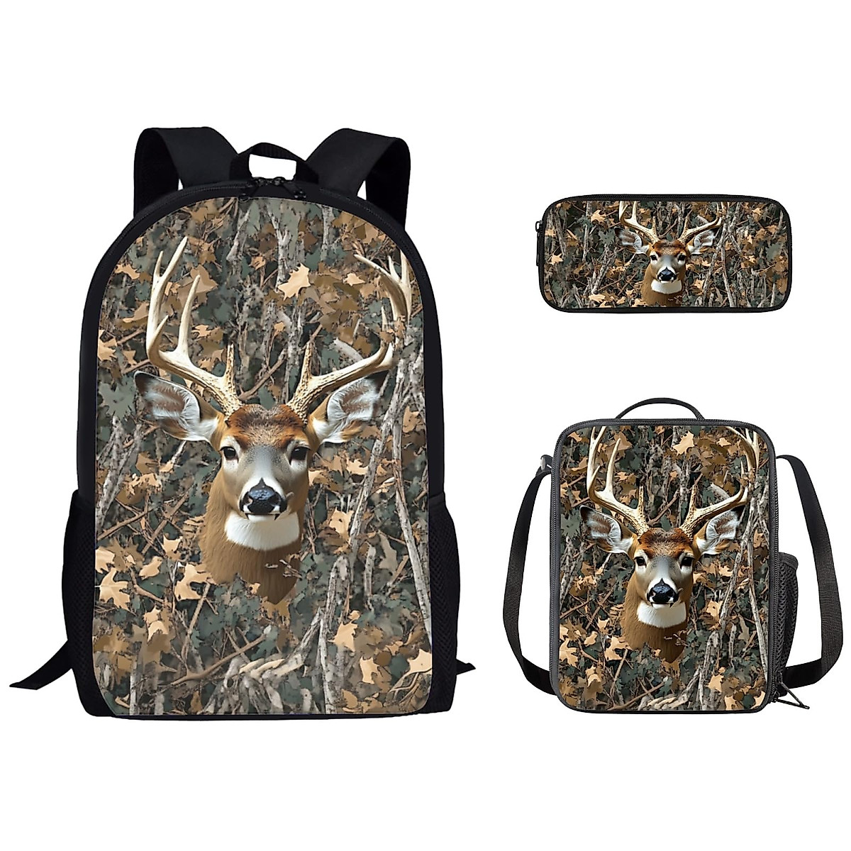 Uourmeti Deer Camo Boys Backpack and Lunchbox Pencil Case Set 3 in 1 Kindergarten Elementary Middle School Bookbags and Lunch Box Set for Teens Kids Book Bags Girls Big Scoolbags