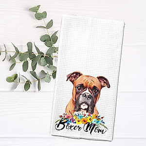 Boxer Mom Floral Waffle Weave Microfiber Kitchen Hand Towel Gift for Dog Lover