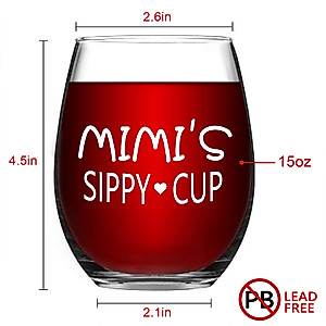 Mimi’s Sippy Cup Stemless Wine Glass, Funny Mimi Wine Glass for Women Mimi Mimi To Be Grandma Grandmother, Special Mimi Gift Idea for Christmas Birthday Mother’s Day, 15 Oz