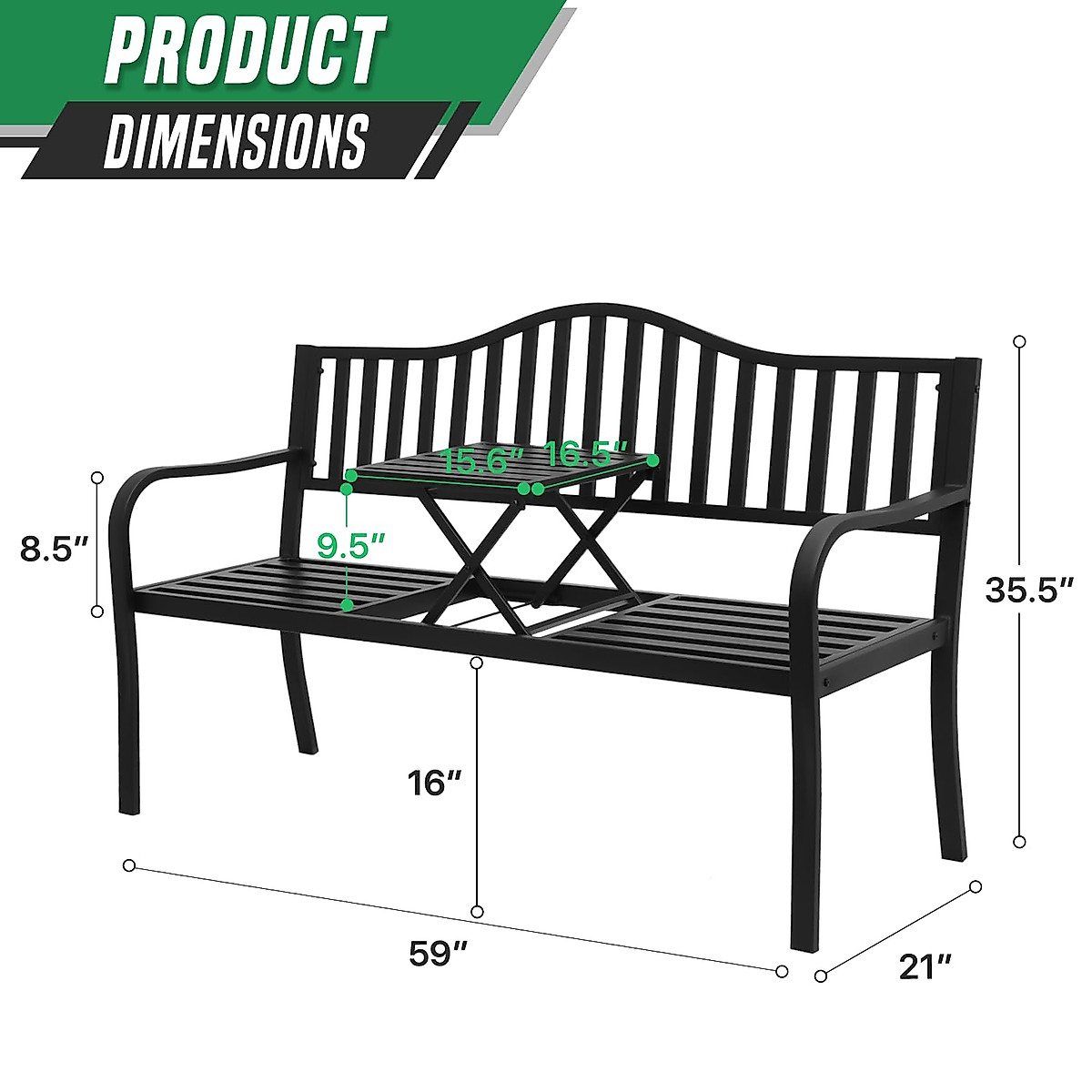 SFIHOME Metal Frame Garden Bench with Folding Table, 59" All-Weather Outdoor Benches for 2 Adults, Patio Bench with Slatted Backrest, Bench for Lawn Yard Porch Entryway, Black