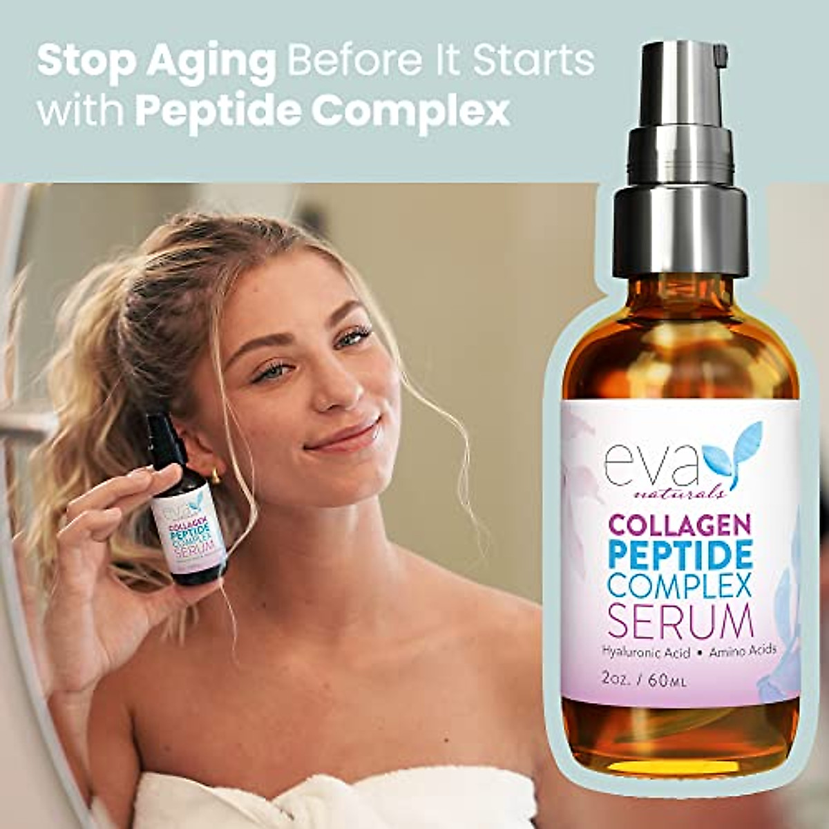 Collagen Peptide Serum - Anti Aging Collagen Serum for Face, Skin Brightening, Reduces Fine Lines & Wrinkles, Heals, and Repairs Skin, Microneedling Serum with Aloe Vera & Hyaluronic Acid - Peptide Complex Face Serum by Eva Naturals (2 oz)