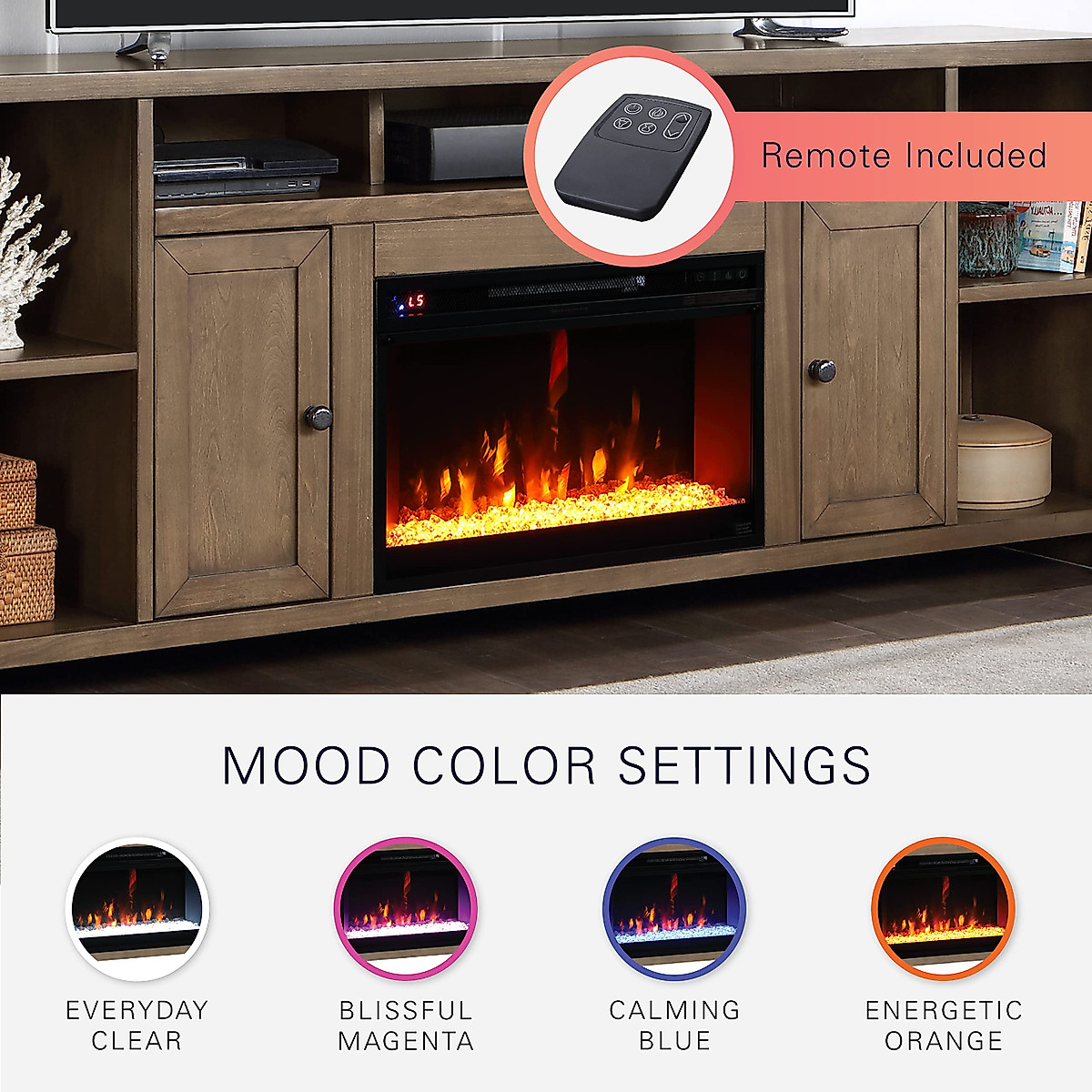 Bridgevine Home Rustic Joshua Creek Fireplace TV Stand Entertainment Center, Accommodates TVs up to 95 Inches, Fully Assembled Knotty Alder Solid Wood, 84 Inches, Barnwood Finish