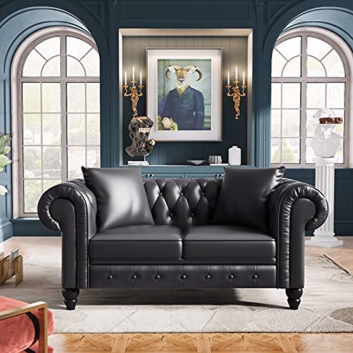 Pannow 63 Inch Upholstered Loveseat Sofa, Classic Chesterfield Couch with 2 Pillows and Roll Arms, Button Tufted PU Leather Sofa for Living Room Bedroom Guest Room, Black