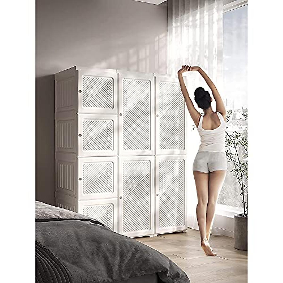 Portable Closet Clothes Wardrobe Plastic Bedroom Armoire 14"x20" Depth Cube Storage Organizer with Hanging Rod and Doors，15 Cubes, White (Door Accessories)