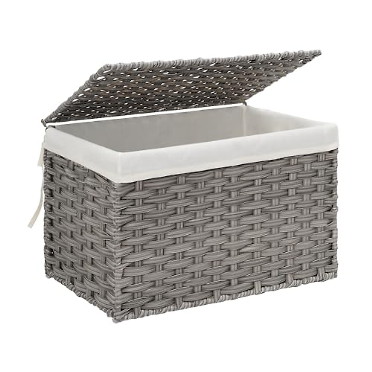 StorageWorks Wicker Storage Basket with Lid, 65L Square Wicker Baskets with lids and Removable Liner, Wicker Storage Trunk, Wicker Basket with Lid for Bedroom, Closet, Bathroom - Grey