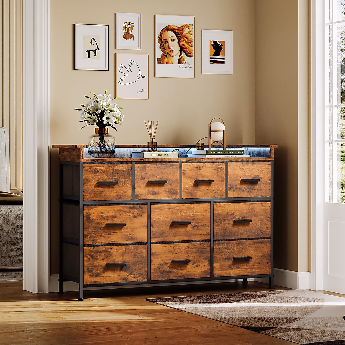 NASHZEN Dresser TV Stand with 10 Drawers, Dresser TV Stand with LED Lights & Power Outlets, Bedroom Makeup Dresser, Chest of Drawers up to 50'' Long TV, Wide Fabric Dresser with Shelf, Rustic Brown