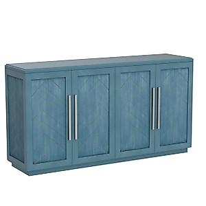 GLANZEND Modern Sideboard with 4 Doors Large Storage Space, Buffet Cabinet with Shelves and Silver Handles, Console Sofa Table for Entryway/Hallway/Living Room, Antique Blue