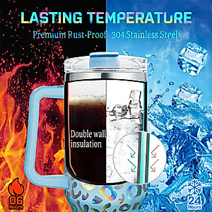 omezin 40 oz Tumbler with Handle Holographic Glitter Leopard 40oz Tumbler with Lid Straw Double Insulated Travel Coffee Mug