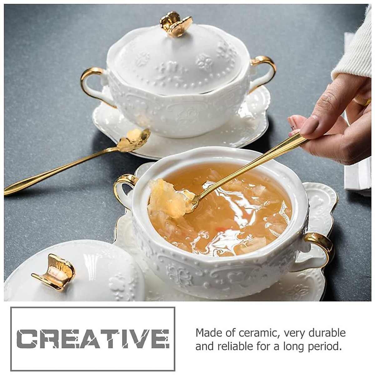 Hemoton Coffee Cups Ceramic ceramic stew pot with tray lid and porcelain soup bowl steam bowl soup bowl steaming cup food bowl for kitchen egg custard medicinal birds white Decaf Coffee