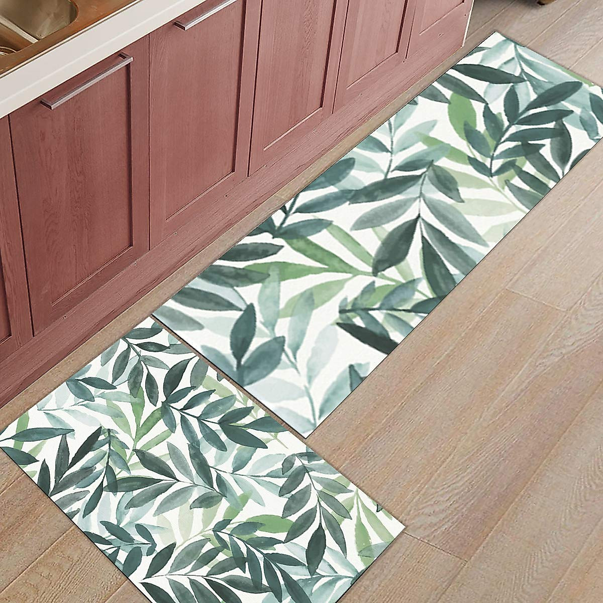 Z&L Home Watercolor Fresh Green Leaves Kitchen Rug Sets 2 Piece Floor Mat Non-Slip Rubber Backing Area Runners Door Mats, Natural Plant Indoor Washable Carpet