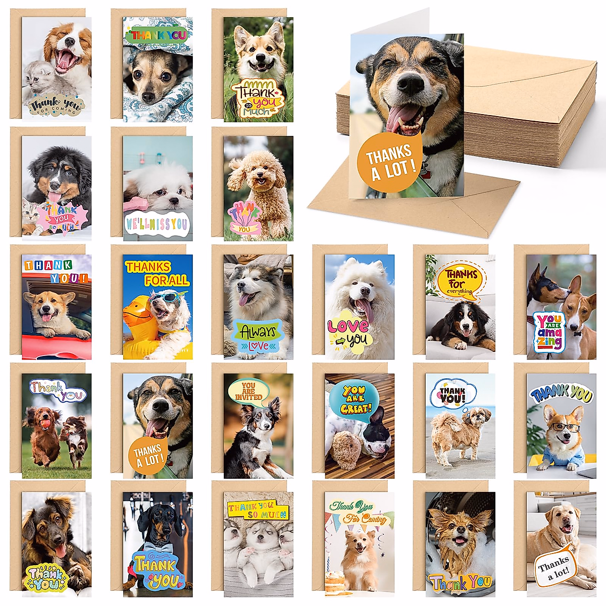 Motiskyy 48 Set Dog Thank You Cards with Envelopes 4 x 6 in Puppy Animal Themed Cards Blank Inside Dog Note Cards Funny Greeting Card for Gratitude, Recognition, Appreciation