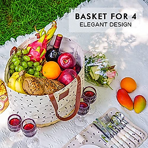 WILLOW WEAVE Willow Picnic Baskets Set for 4, Sturdy Woven Base & Linen Picnic Beach Tote Bag with Drawstring Closure, Insulated Lining & Durable Straps, for Outdoor Events, Shopping - Cherry