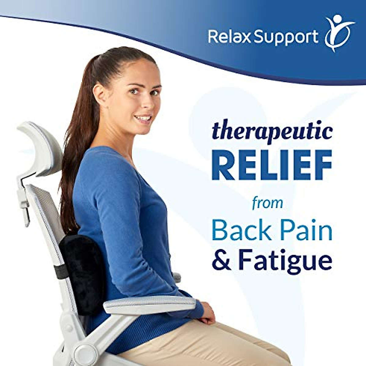 RELAX SUPPORT RS7-X Lumbar Support Pillow - Medium Firm Memory Foam Office Chair Back Support - Promotes Spinal Alignment & Better Posture - Non-Slip Strap, Washable Cover - Fits Wheelchair, Recliner