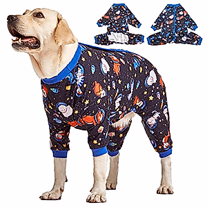 LovinPet Large Big Dog Pajamas - Anxiety Calming Dog Onesie, Undershirt for Dog Coats, Lightweight Stretchy 4 Legged Style Large Dog Jammies, Space Animals Black Print Pet Pjs,Black Large