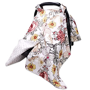 Floral Baby Car Seat Canopy Soft Minky Plush Dotted Backing Baby Car Seat Cover Girls,Floral Baby Poncho for Girls, Toddler Minky Wear Hooded Warm Winter Outerwear Capes Poncho Coat With Zipper